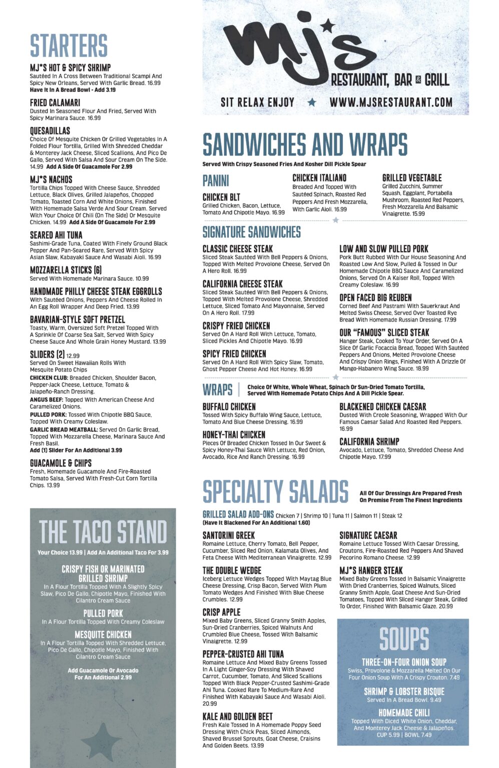 Menu – MJ's Restaurant Bar & Grill