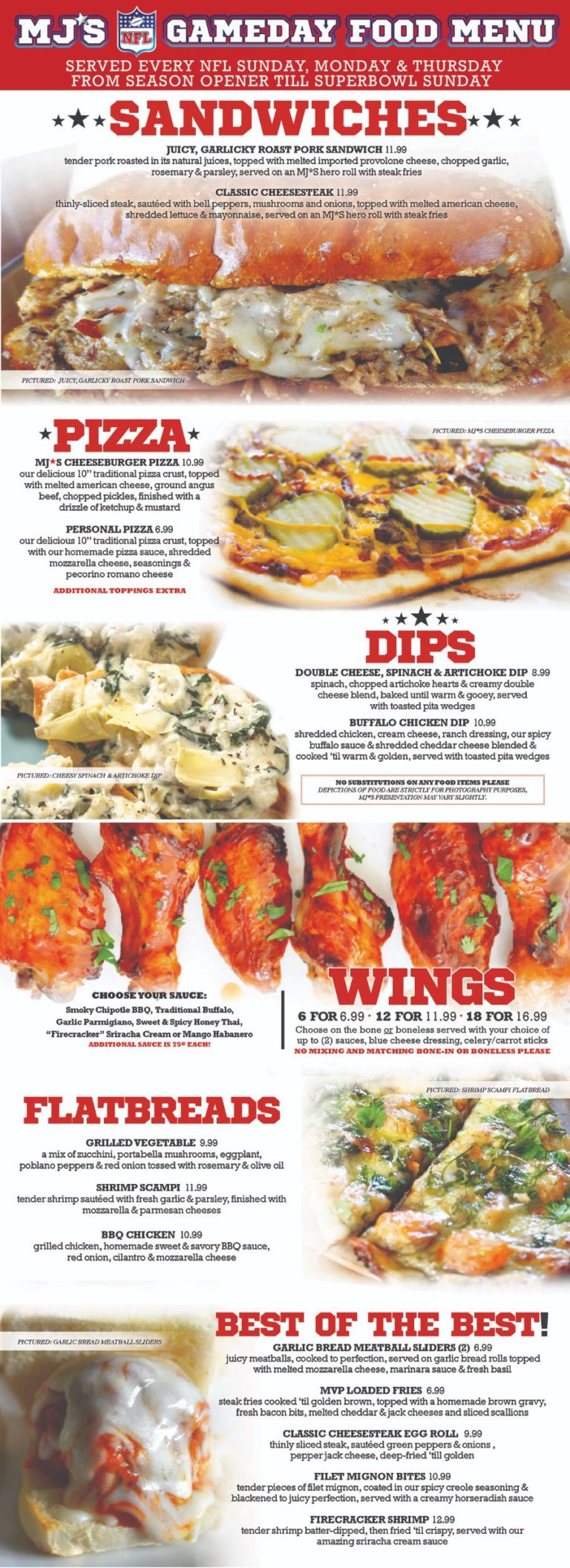 NFL GAMEDAY MENU – MJ's Restaurant Bar & Grill